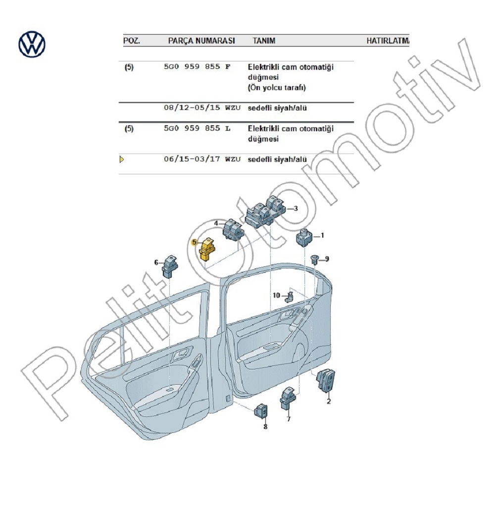 SKODA SAĞ ÖN ARKA TEKLİ CAM DÜĞMESİ 5G0959855F 5G0959855L - 463.53 TL + KDV